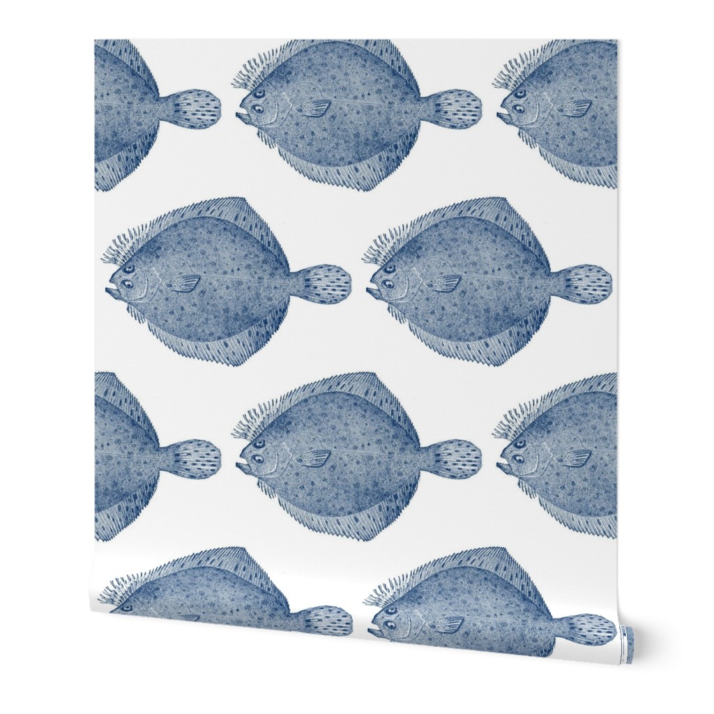 Vintage Flounder Fish Illustration - Blue and White Wallpaper | Shutterfly