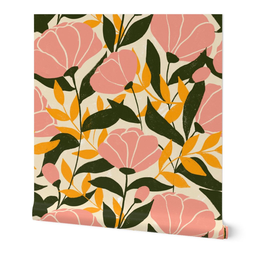 Mid Century Garden Floral Blooms - Pink Wallpaper | Shutterfly