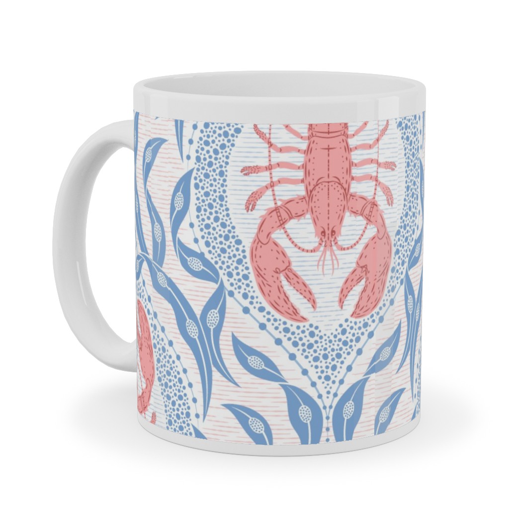 Lobster and Seaweed Nautical Damask - White, Coral Pink and Cornflower ...