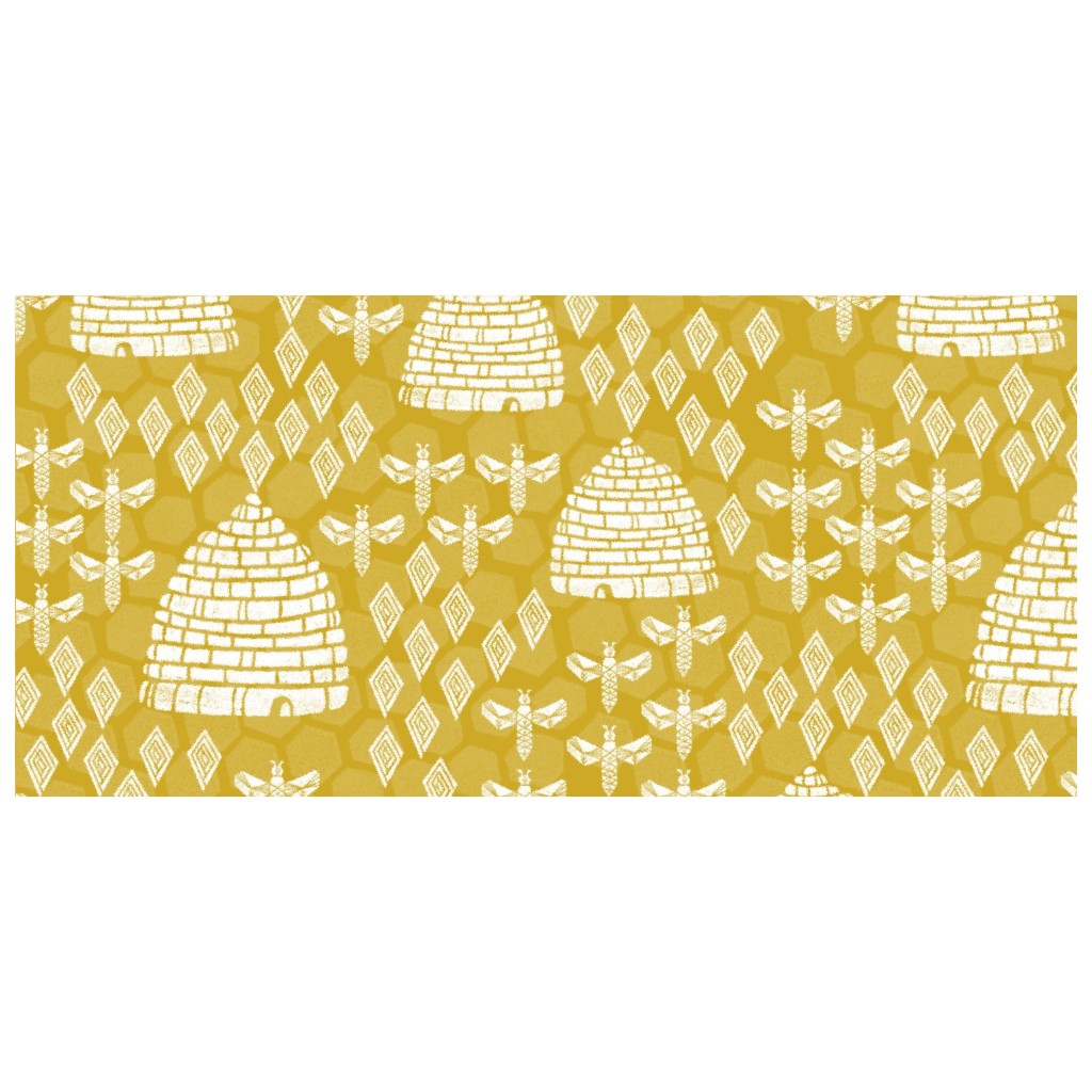 Bee Hives, Spring Florals Linocut Block Printed - Golden Yellow Outdoor ...