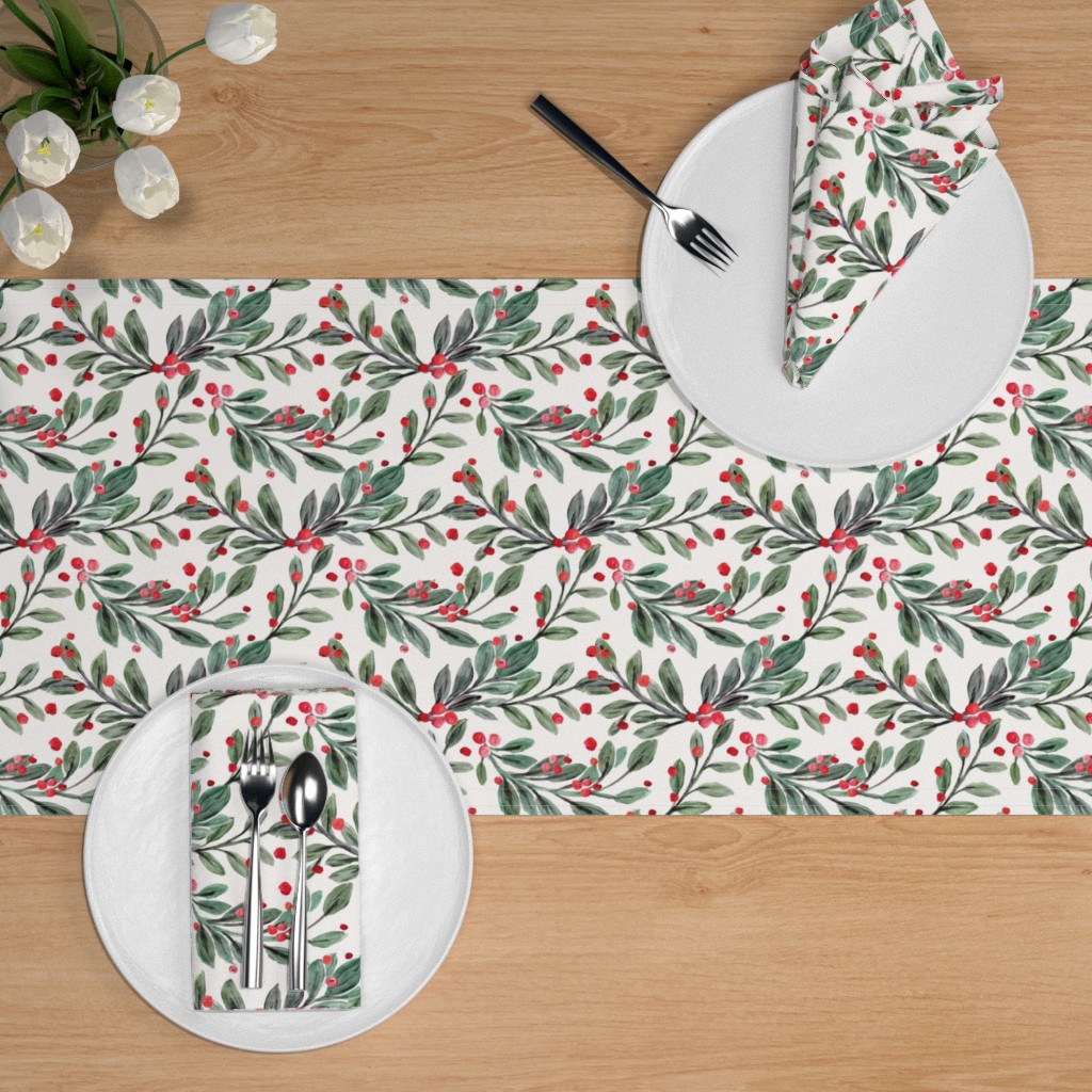 Mistletoe and Red Berries - Green and Red Table Runner | Shutterfly