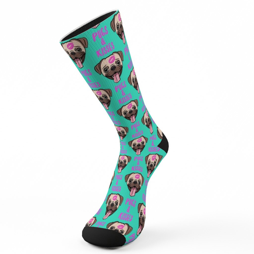 Pugs & Kisses - Cute Pug Dog - Teal Custom Socks | Shutterfly